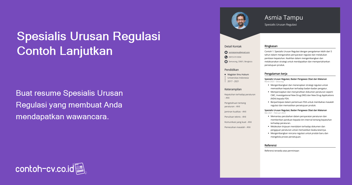 Spesialis Urusan Regulasi Contoh Resume (Templat & 20+ Tips)